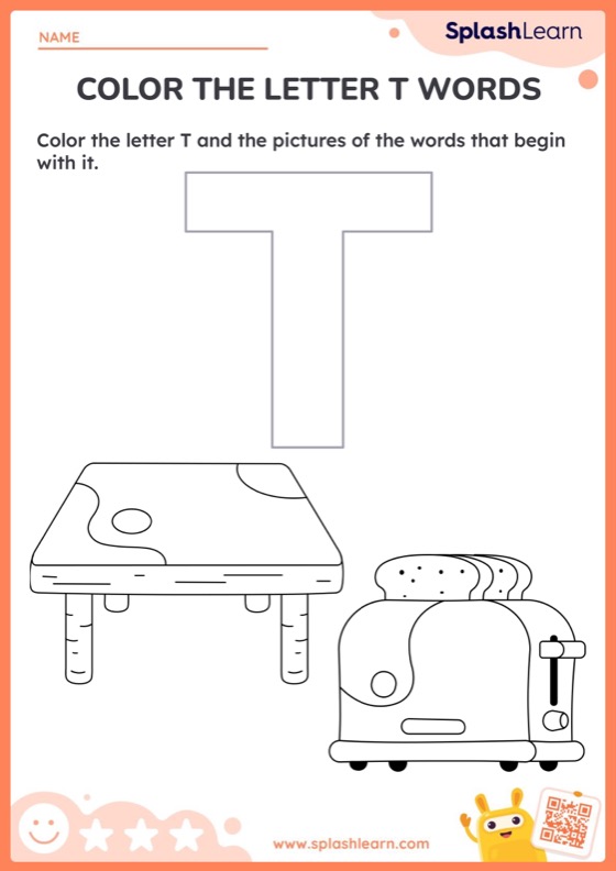 Color The Letter T Words Printable ELA Worksheet