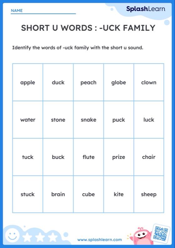 Identify The Short U Words uck Family Printable ELA Worksheet