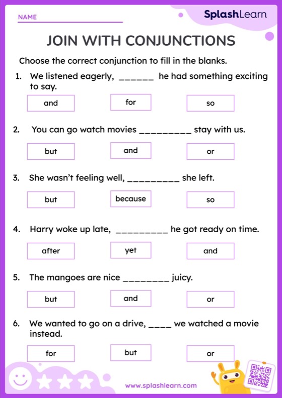 Conjunctions Worksheets Free Printable SplashLearn Conjunctions Worksheets Free Printable SplashLearn