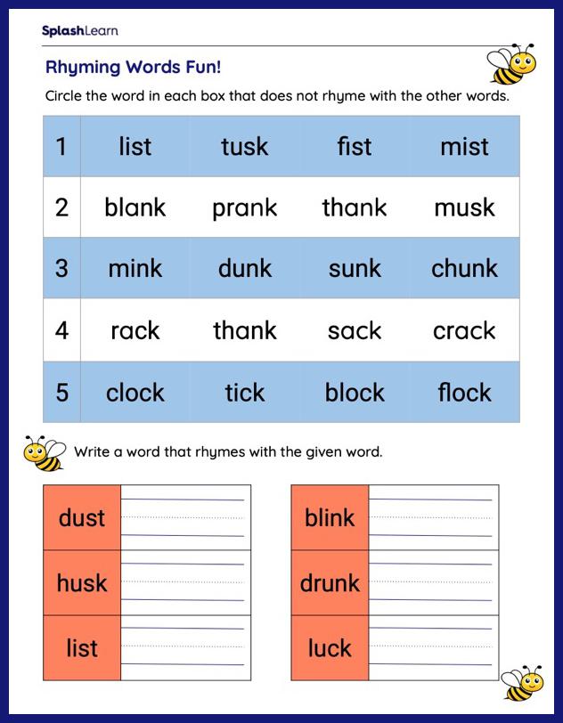 Rhyming Words Worksheets For 1st Graders Online SplashLearn