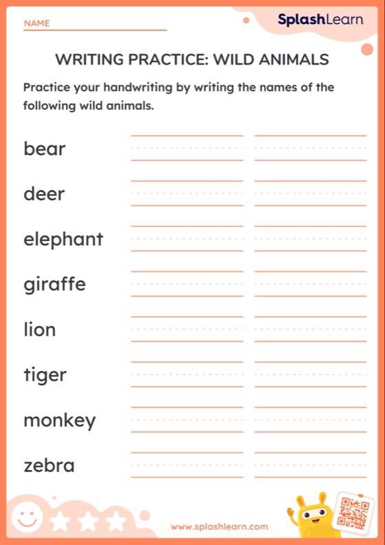 Writing Practice Wild Animals Printable ELA Worksheet Writing Practice Wild Animals Printable ELA Worksheet