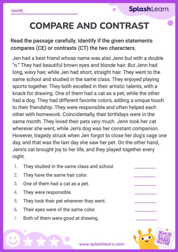 Compare And Contrast Characters Worksheet