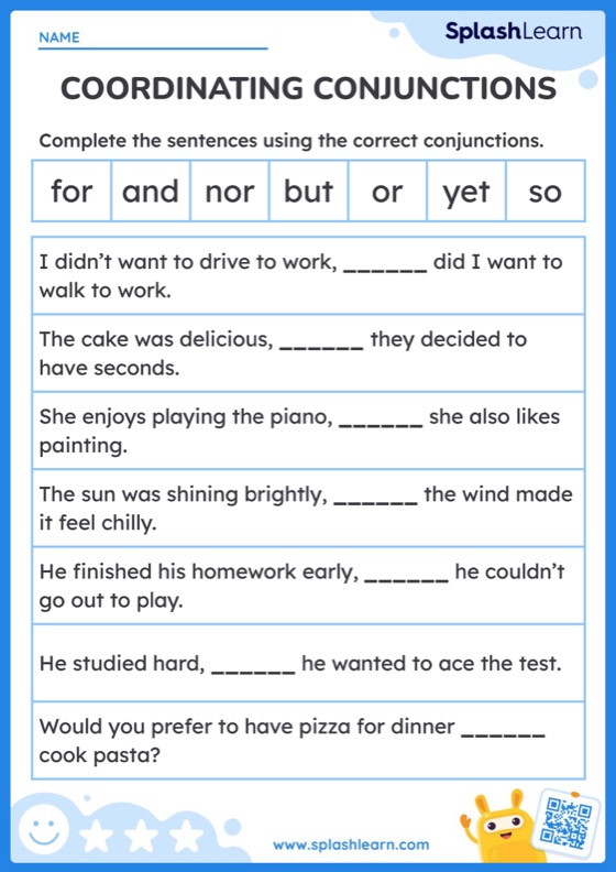 Coordinating Conjunctions Fill In The Blanks Worksheet