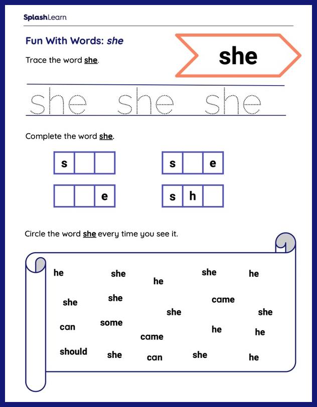 Trace And Spot The Word she Worksheet Printable English Sheet