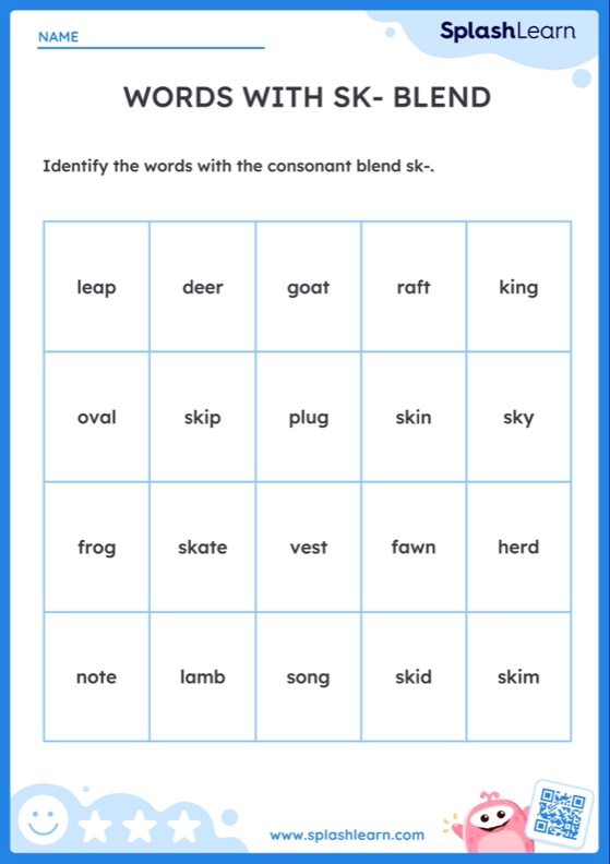 Words With Consonant Blend Sk Printable ELA Worksheet Words With Consonant Blend Sk Printable ELA Worksheet