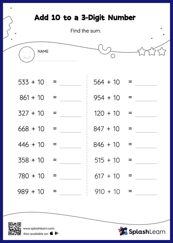 Add 10 To A 3 Digit Number Horizontal Addition Math Worksheets 