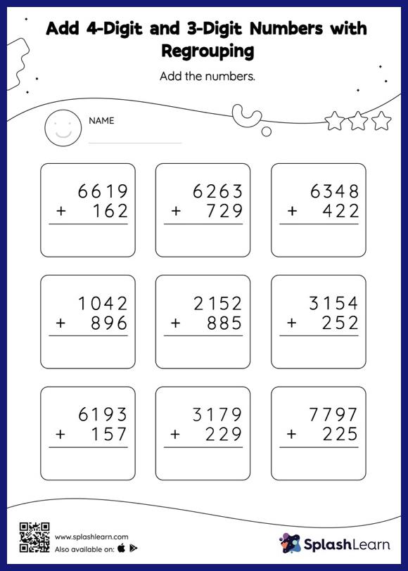 Add 4 Digit And 3 Digit Numbers With Regrouping Vertical Addition