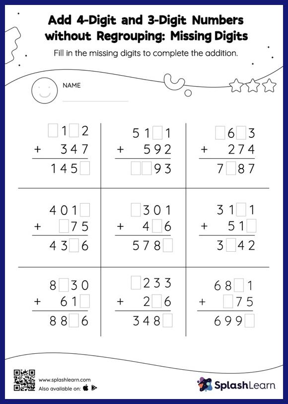 Add 4 Digit And 3 Digit Numbers Without Regrouping Vertical Addition 