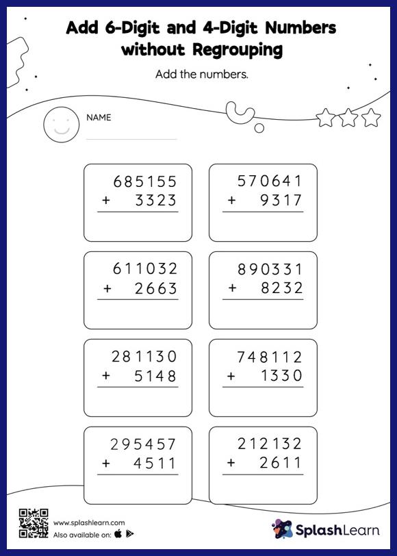 Add 6 Digit And 4 Digit Numbers Without Regrouping Vertical Addition