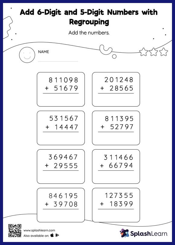 Add 6 Digit And 5 Digit Numbers With Regrouping Vertical Addition