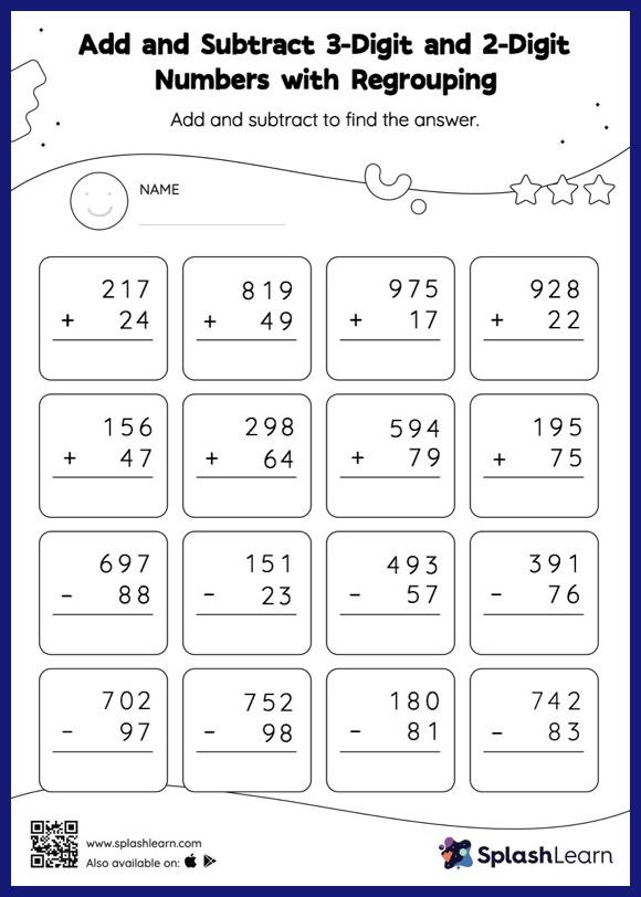 Add And Subtract 3 Digit And 2 Digit Numbers With Regrouping Vertical 