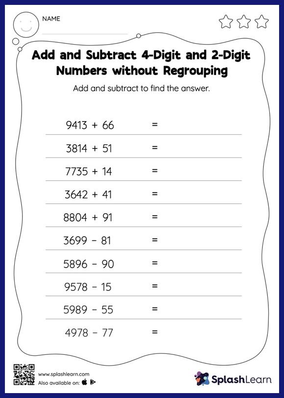 Add And Subtract 4 Digit And 2 Digit Numbers Without Regrouping 