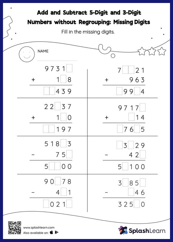 Add And Subtract 5 Digit And 3 Digit Numbers Without Regrouping