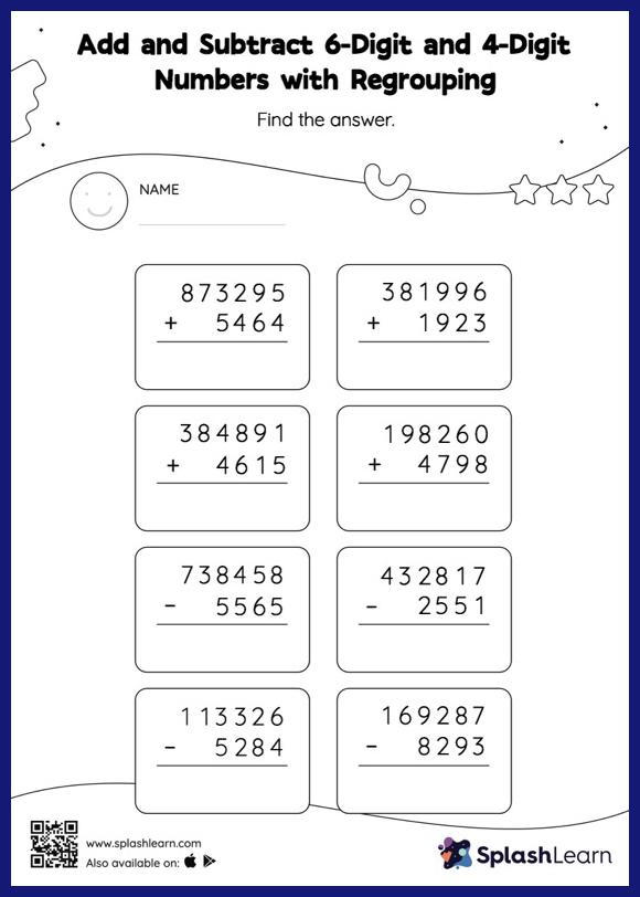 Add And Subtract 6 Digit And 5 Digit Numbers With Regrouping Vertical