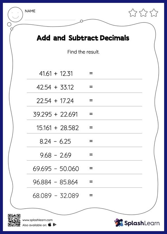 Add And Subtract Decimals Horizontal Math Worksheets SplashLearn