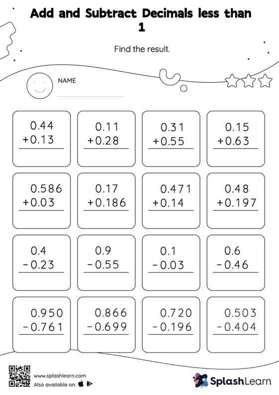 Add And Subtract Decimals Less Than 1 Vertical Math Worksheets 