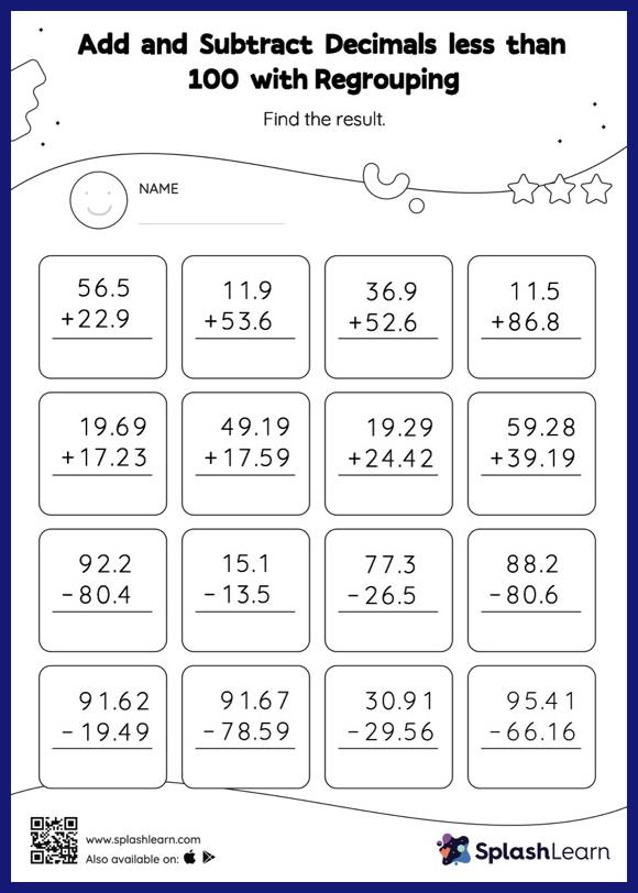 Add And Subtract Decimals Less Than 100 With Regrouping Vertical