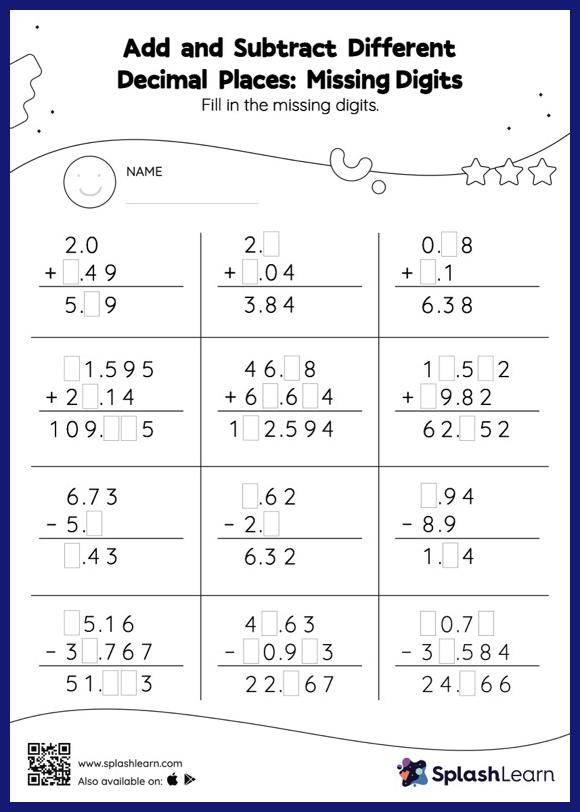 Add And Subtract Different Decimal Places Missing Digits Math 