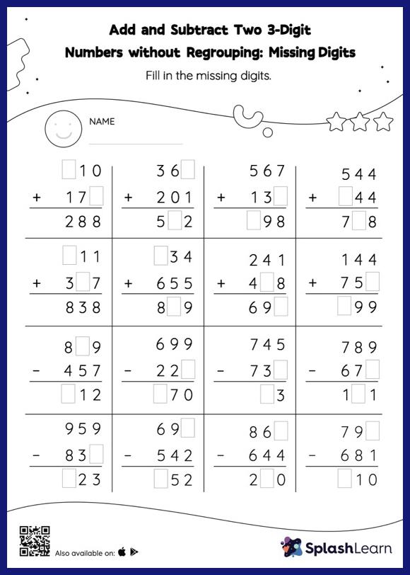 Add And Subtract Two 3 Digit Numbers Without Regrouping Missing Digits