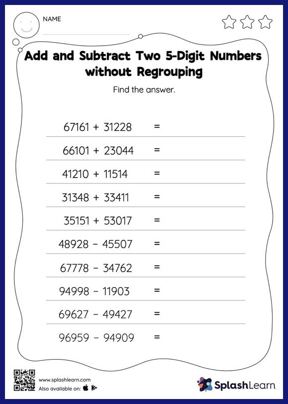 Add And Subtract Two 5 Digit Numbers With Regrouping Horizontal 