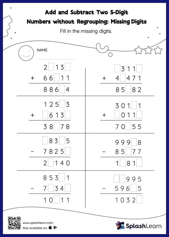 Add And Subtract Two 5 Digit Numbers Without Regrouping Missing Digits