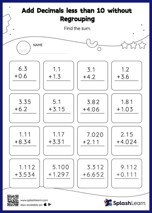 Add Decimals Less Than 10 Without Regrouping Vertical Addition Math 