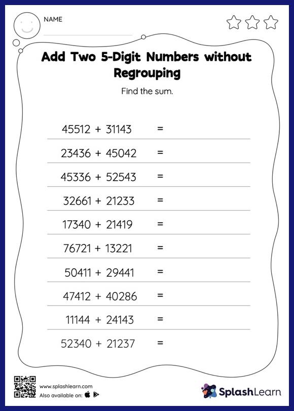Add Two 5 Digit Numbers Without Regrouping Horizontal Addition Math