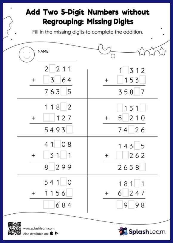 Add Two 5 Digit Numbers Without Regrouping Missing Digits Math