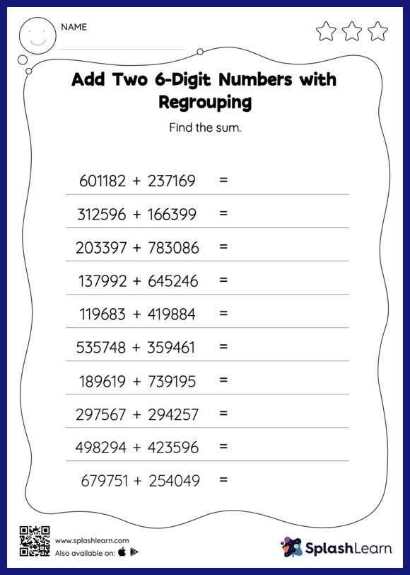 Addition Within 1000000 Worksheets For Kids Online SplashLearn