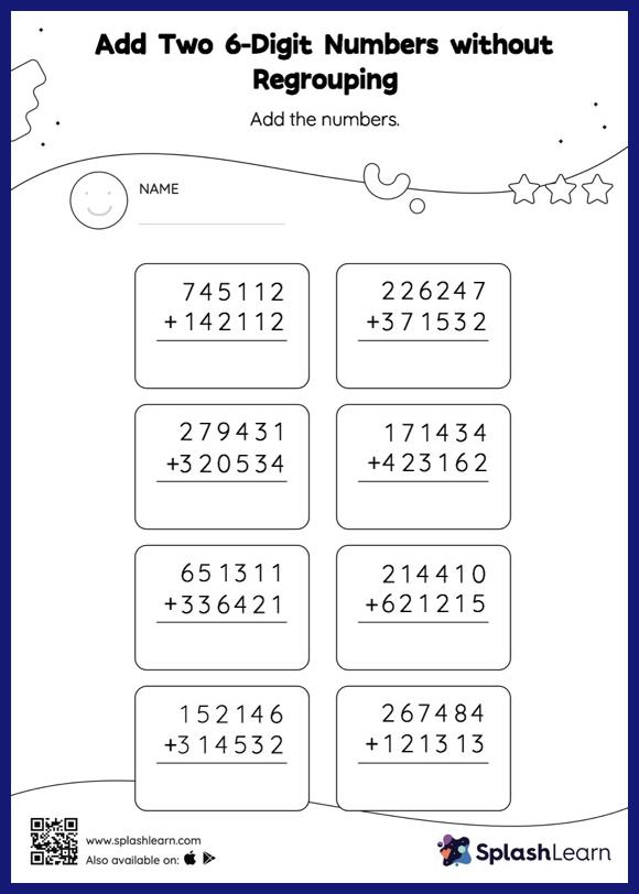 Add Two 6 Digit Numbers Without Regrouping Vertical Addition Math