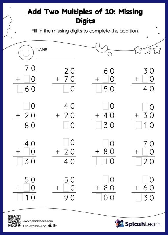 Add Two Multiples Of 10 Missing Digits Math Worksheets SplashLearn
