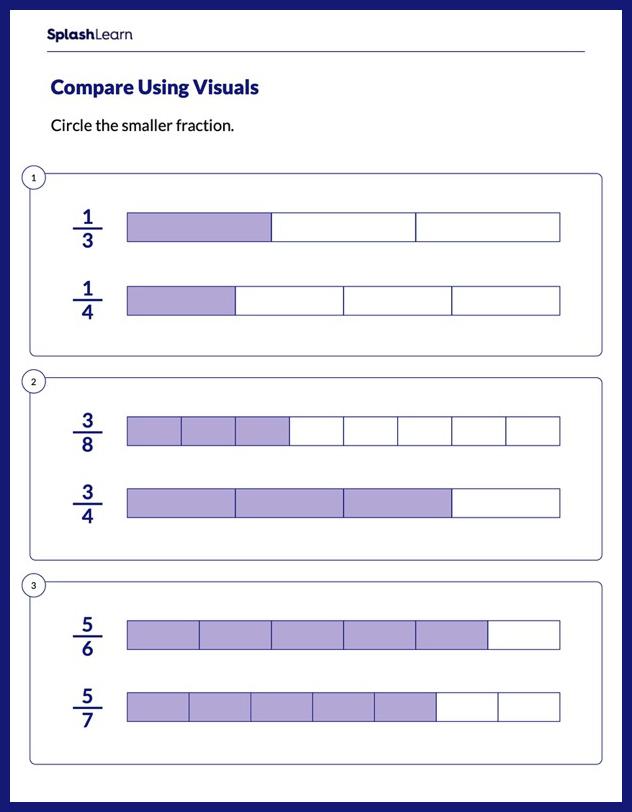 Compare Fractions Using Visuals Math Worksheets SplashLearn