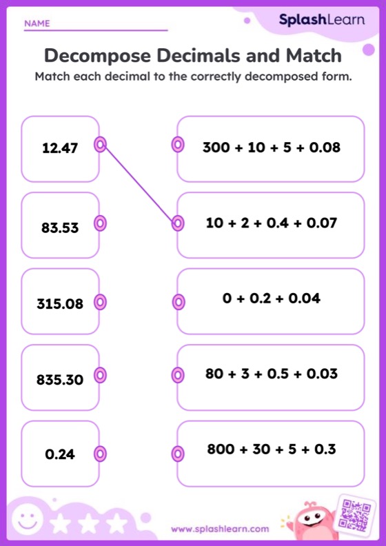 Decompose Decimals And Match Printable Math Worksheet Decompose Decimals And Match Printable Math Worksheet
