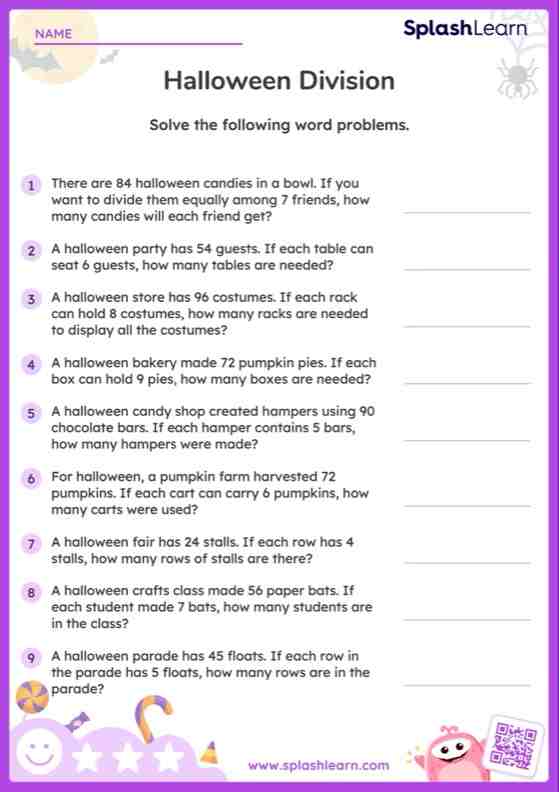 Divide 2 digit Numbers By 1 digit Numbers Halloween Word Problems