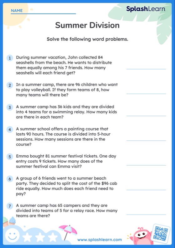 Divide 2 digit Numbers By 1 digit Numbers Summer Word Problems