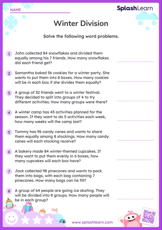 Divide 2 digit Numbers By 1 digit Numbers Winter Word Problems