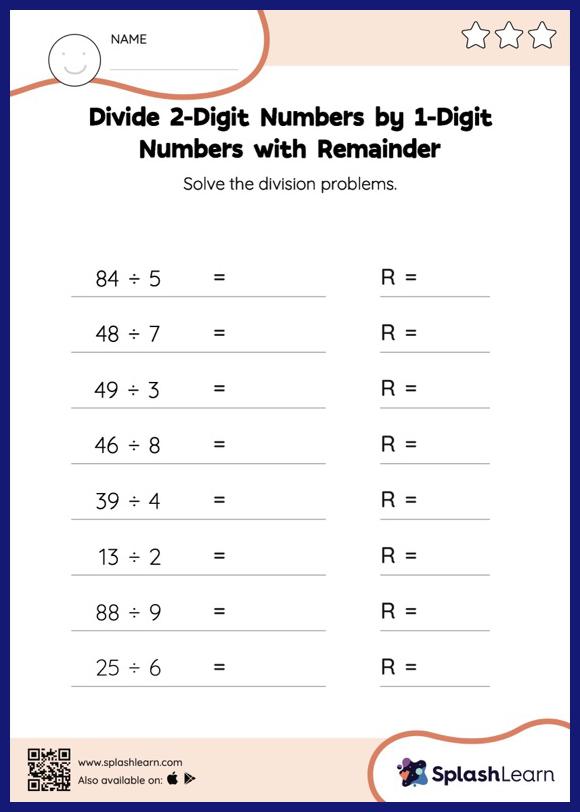 Divide 2 Digit Numbers By 1 Digit Numbers With Remainder Horizontal 