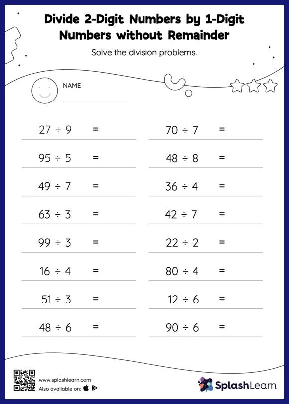 Divide 2 Digit Numbers By 1 Digit Numbers Without Remainder Horizontal 