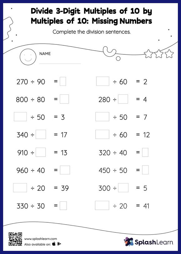 Divide 3 Digit Multiples Of 10 By 10 Horizontal Division Math 