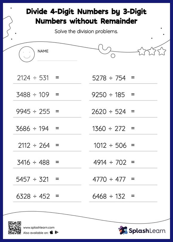 Grade 4 Math Worksheet Dividing 4 By 1 Digit Numbers With Remainder K5 