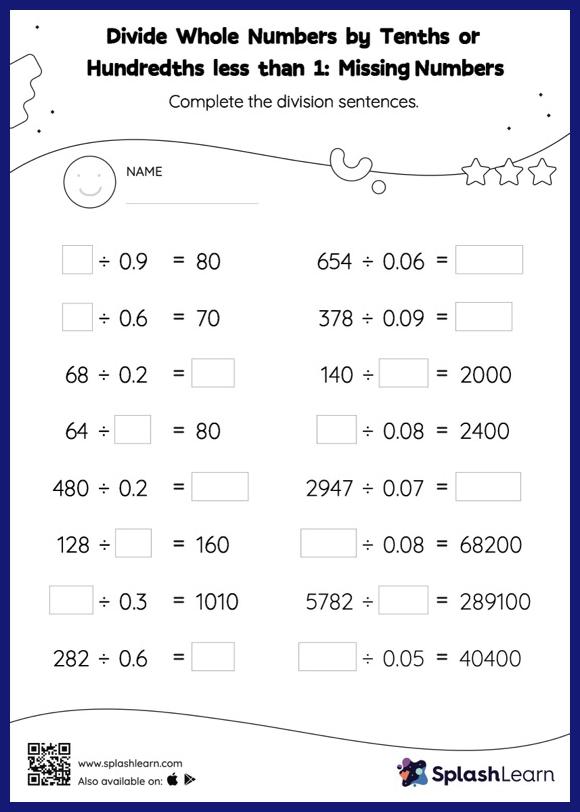 Divide Whole Numbers By Decimals Worksheets For Kids Online SplashLearn