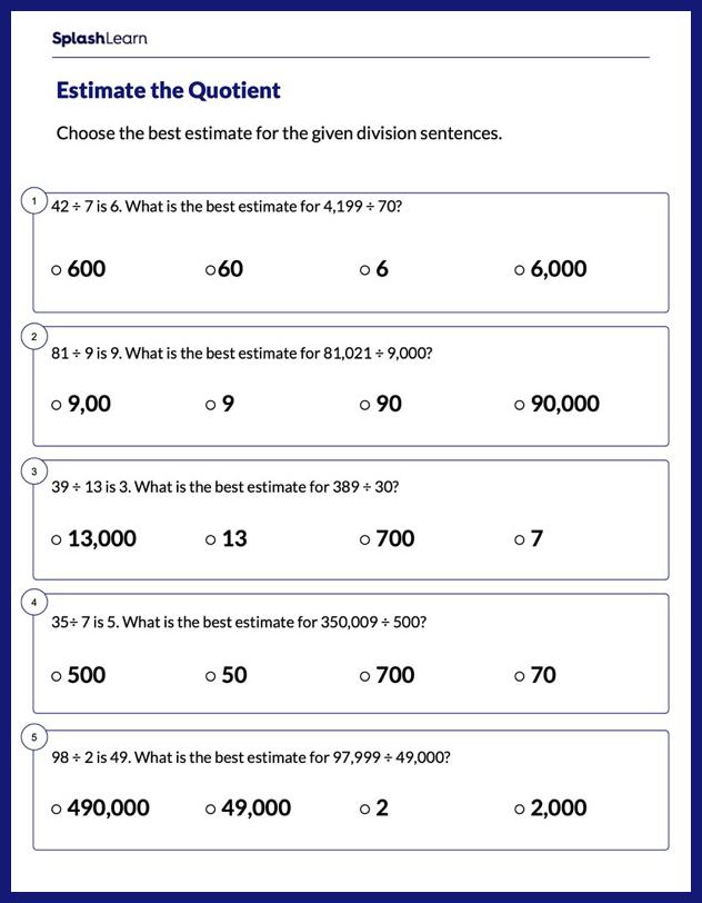 Estimating Quotients Math Worksheets SplashLearn