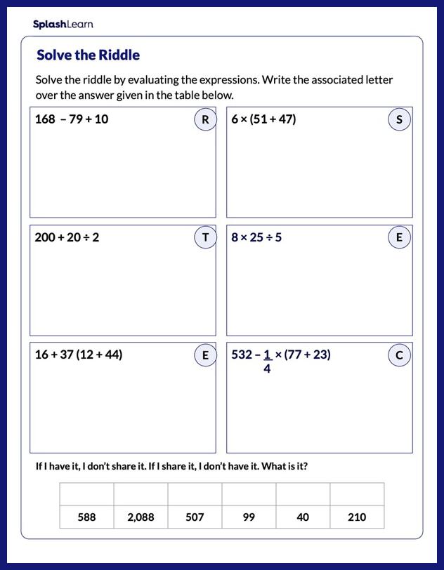 Evaluate Expressions Involving Parentheses Math Worksheets SplashLearn