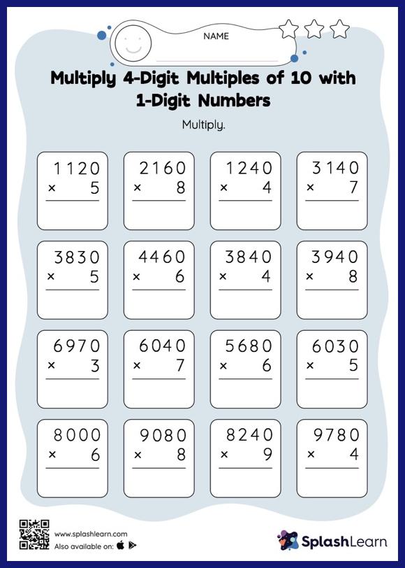 Multiply 4 Digit Multiples Of 10 With 1 Digit Numbers Vertical Multiplication Math Worksheets 