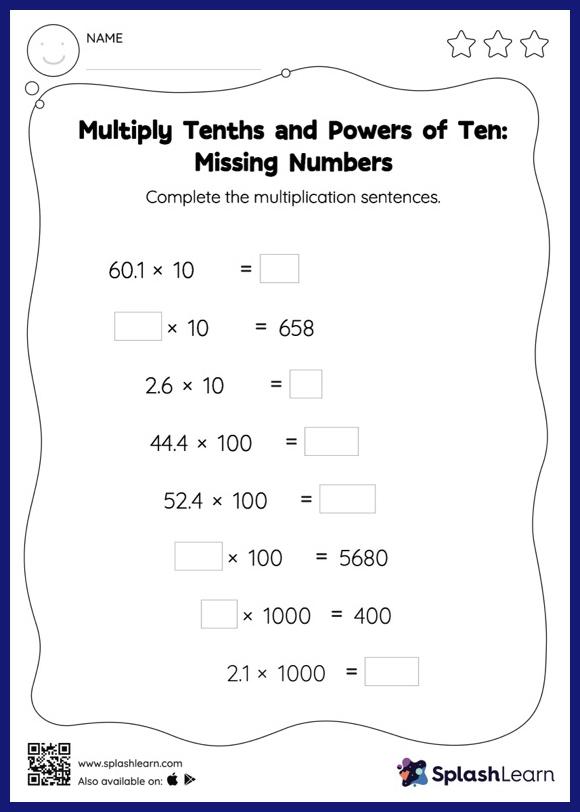 Multiply Tenths And Powers Of Ten Missing Numbers Math Worksheets