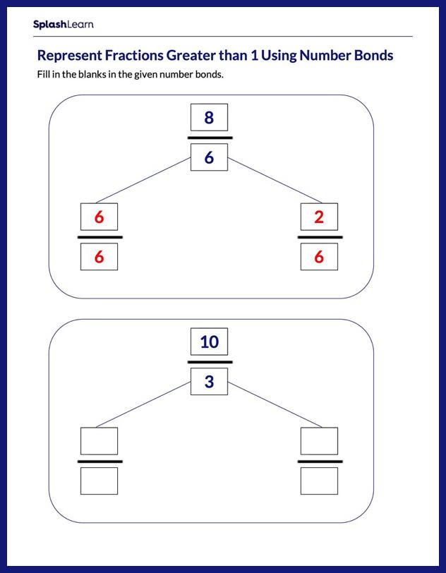 Number Bonds And Fractions Greater Than 1 Math Worksheets SplashLearn