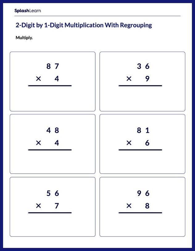 Regrouping In 2 Digit By 1 Digit Multiplication Worksheet