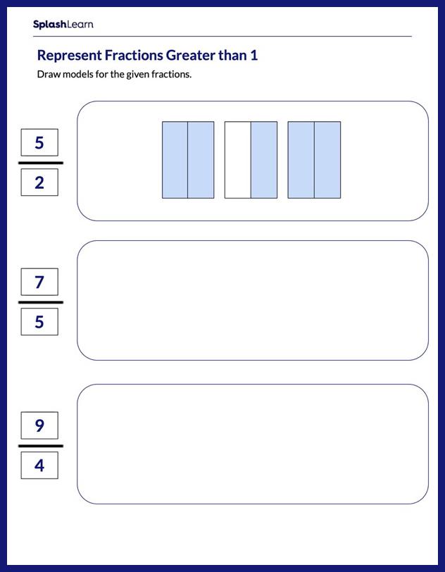 Represent Fractions Greater Than 1 Using Models Math Worksheets