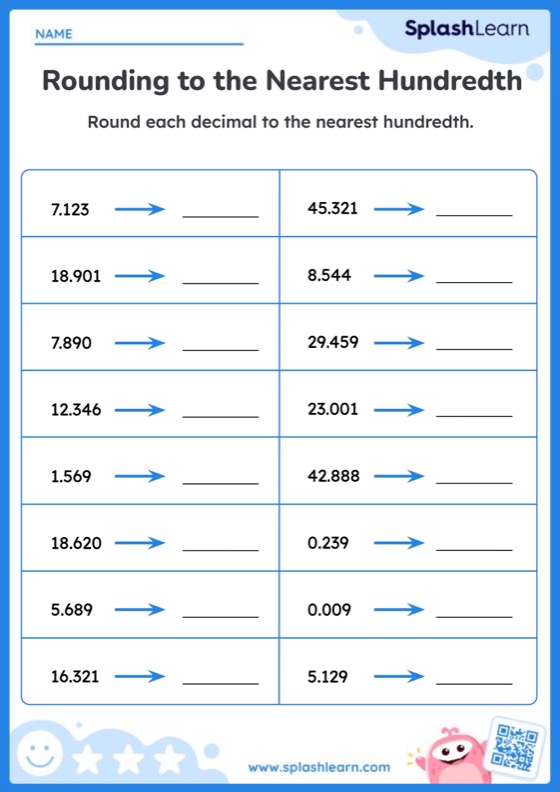 Rounding Decimals To The Nearest Hundredth Printable Math Worksheet