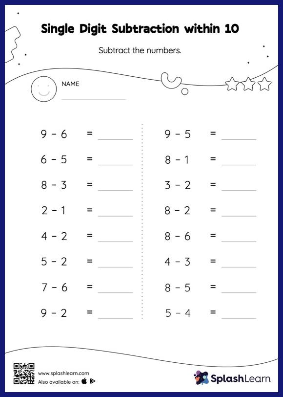 Fluently Subtract Within 10 Worksheets For 1st Graders Online SplashLearn